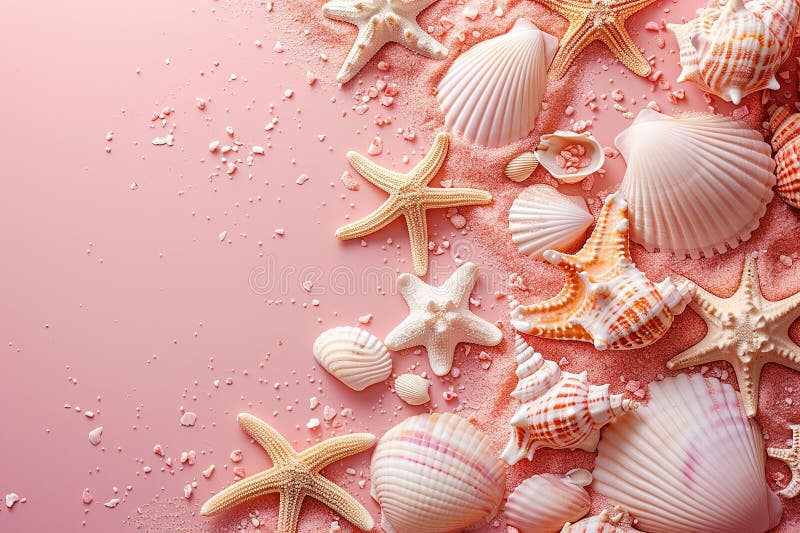 Collection of Sea Shells and Starfish on a Pastel Pink Background Top ...