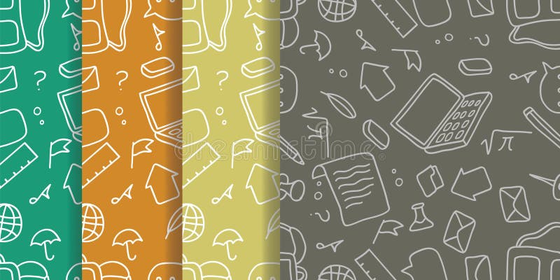 Collection of Seamless Doodle Line Art School Supplies Patterns.Vector ...