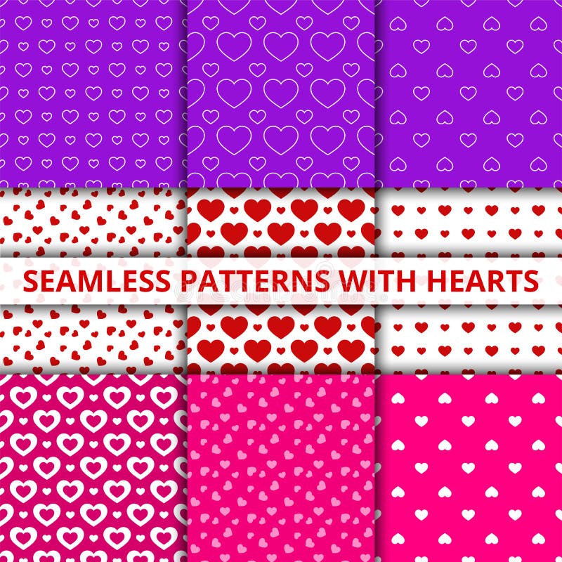 Collection Seamless Geometric Patterns with Hearts. Vector Illustration ...