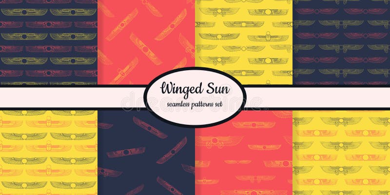 Collection of Seamless Patterns with Ancient Egyptian Symbol Winged Sun ...