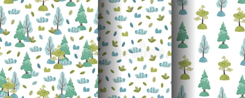 Collection of Seamless Patterns with Cute Forest Trees and Bushes in ...