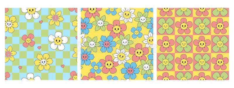 Collection of Seamless Patterns with Cute Smiling Flowers. Vector ...