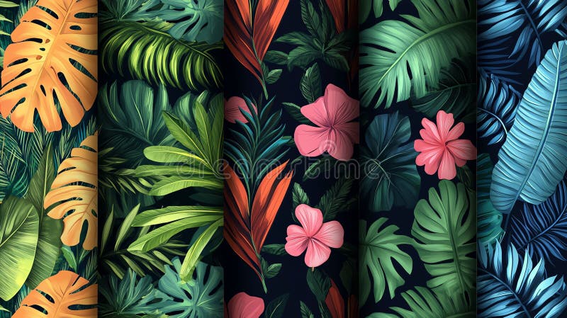 Collection of Seamless Tropical Patterns with Leaves and Flowers Stock ...