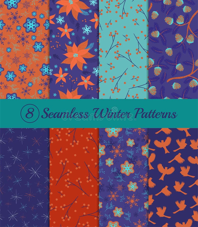 Collection of 8 Seamless Winter Patterns. Collection in a Single Color ...