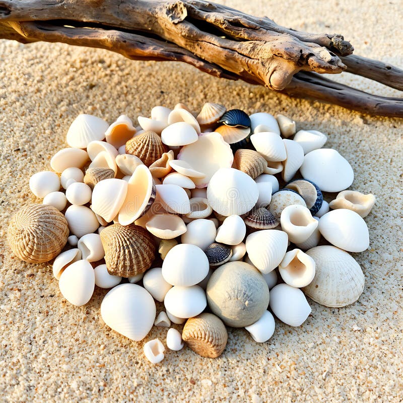 A Collection of Seashells and Driftwood on a Sandy Beach Stock ...
