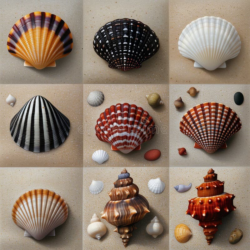 Collection of Seashells with Intricate Patterns on Sandy Background ...