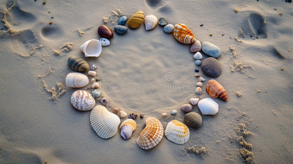 Collection of Seashells and Small Stones Arranged in a Circle on Sandy ...