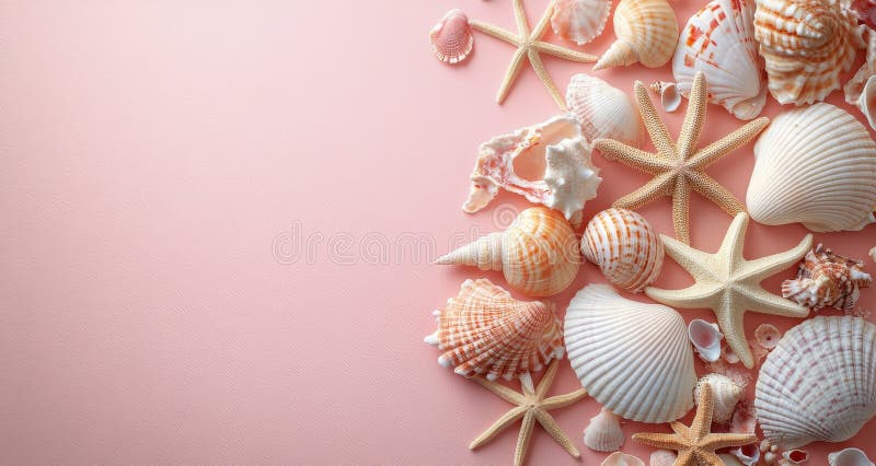 A Collection of Seashells and Starfish Arranged on a Soft Pink ...
