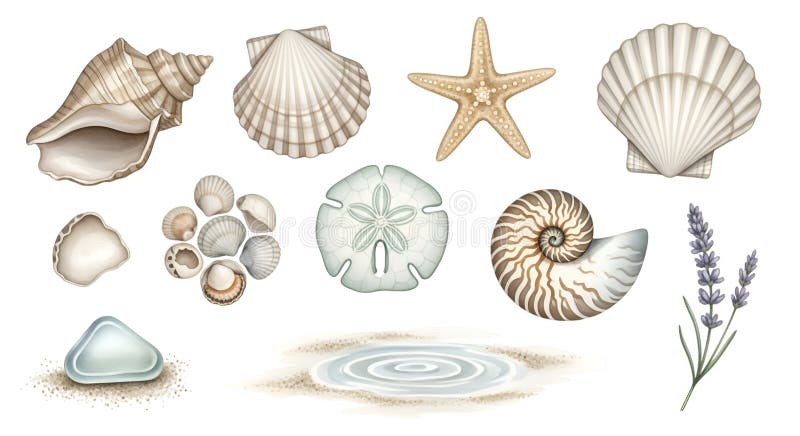 Seashells Collection with Starfish, Sand Dollar, Lavender and Sea Glass ...