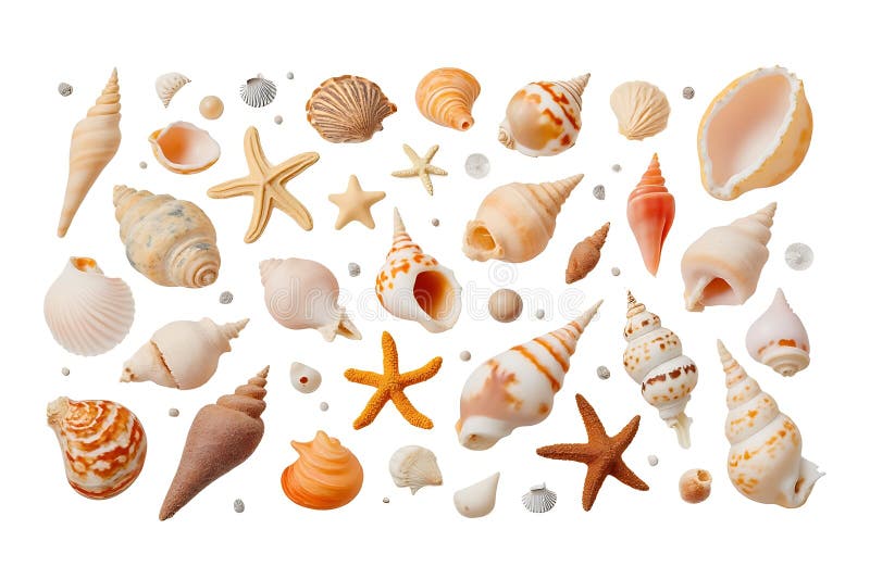 A Collection of Seashells and Starfish are Scattered Across a White ...