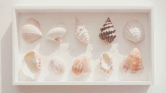 Collection of Seashells in a White Shadow Box Stock Photo - Image of ...