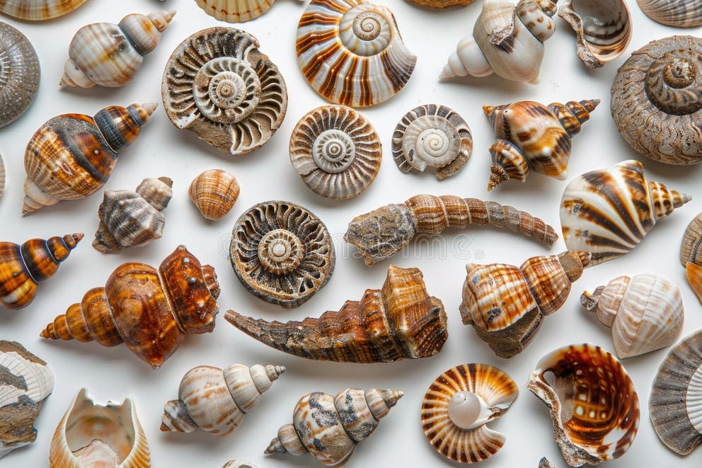A Collection of Seashells on a White Surface Stock Image - Image of ...