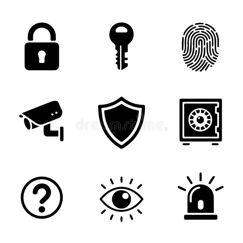 Collection of Security Related Glyphs in Black on a White Background ...
