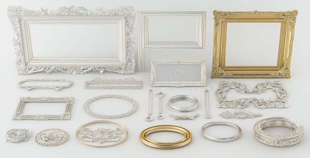 Collection of Separate Art Frames in Gold and Silver, Left Empty Stock ...