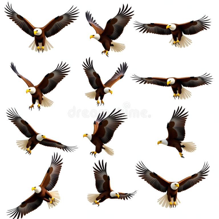 Collection Set of a Bald Eagle in Various Flight Positions Isolated on ...