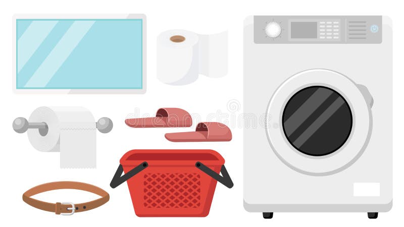 Collection Set of Bathroom Object Mirror Tissue Roll Wash Machine ...