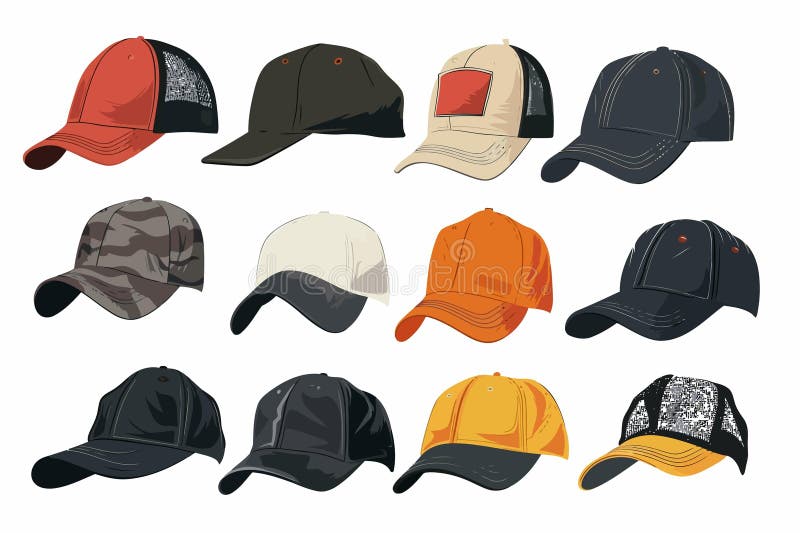 Collection Set of Caps and Hats Top View Isolated Illustration Stock ...
