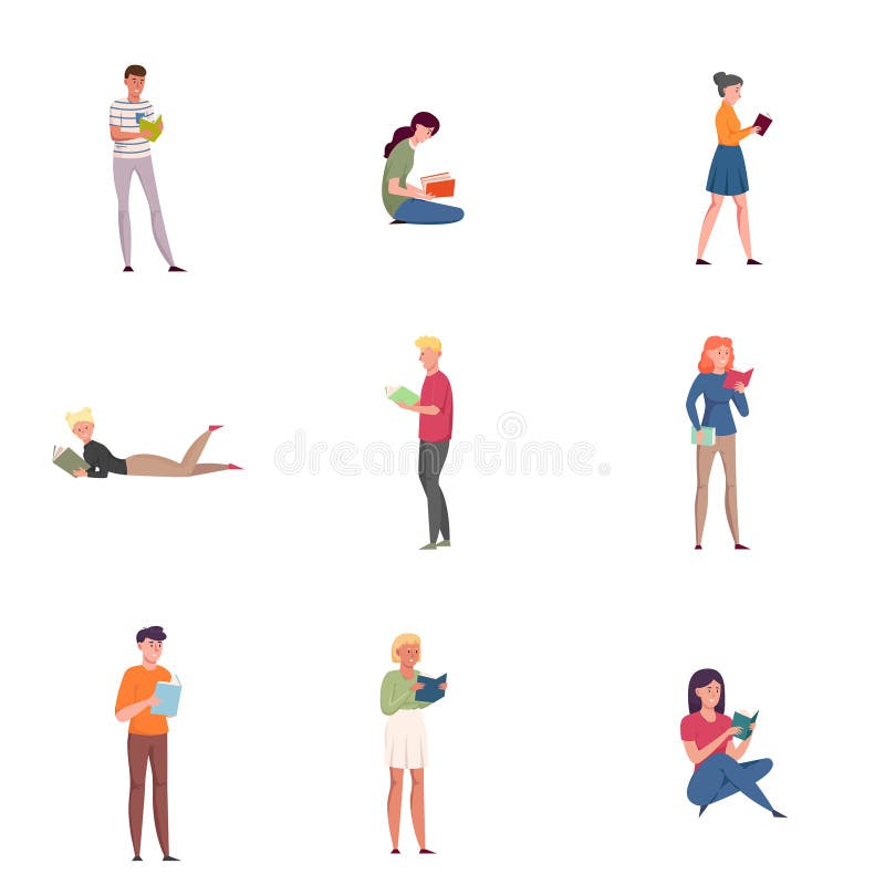 A Set of Young People Reading Books in Different Poses. Vector ...