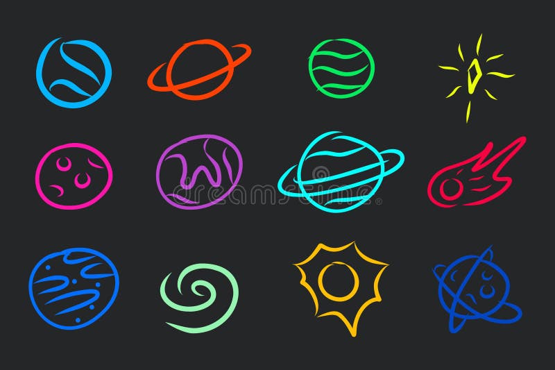 Collection Set of Doodle Planets Space Objects . Stars Solar System ...