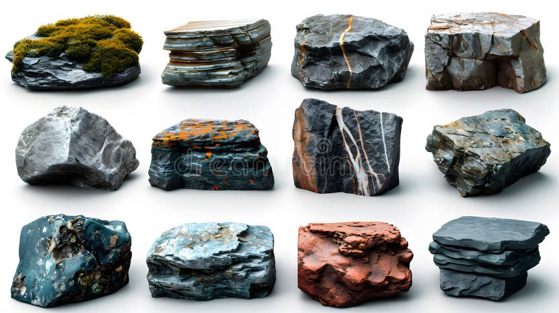 Collection Set of Flat Rocks, Stone Podium for Display Product on White ...