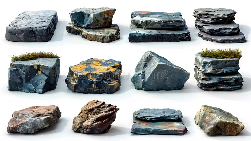 Collection Set of Flat Rocks, Stone Podium for Display Product on White ...