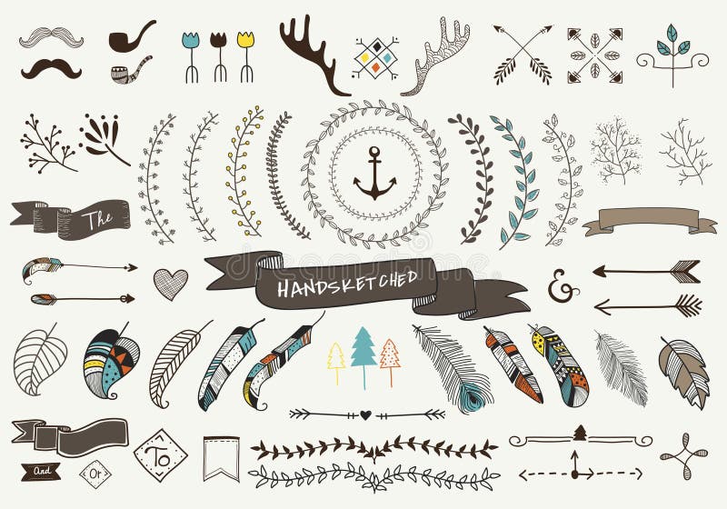 Collection Set of Hand Sketched Label Ornament Vector Illustration ...