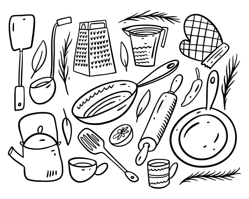 Collection Set Kitchen Objects. Hand Draw Illustration in Cartoon Style ...