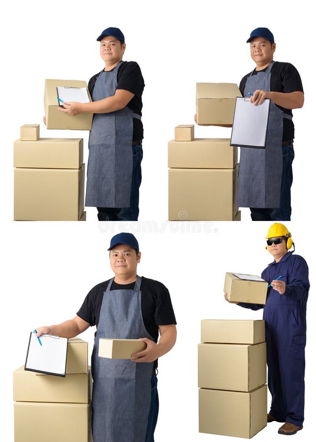Collection Set Portrait of Delivery Man in Black Shirt and Apron with ...