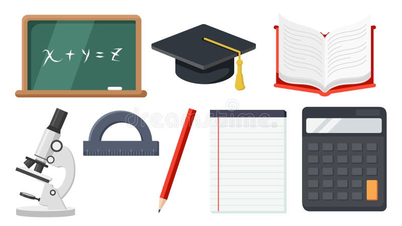 Collection Set of School Study Object Blackboard Calculator Note Book ...