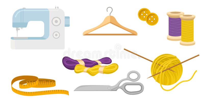 Collection Set of Sewing Kit Sewing Machine Scissors Wool Thread Coat ...