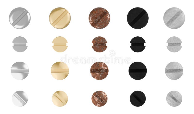 Collection or Set of Slotted Heads with Different Materials, Isolated ...