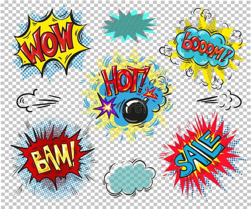 Collection of Seven Multicolored Comic Sound Effects Sale Stock Vector ...