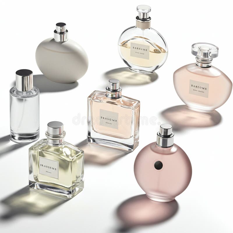 A Collection of Seven Perfume Bottles with Various Shapes and Colors ...