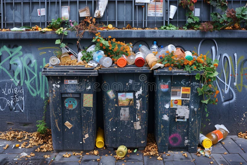 Collection of Several Trash Bins Lined Up on the Side of a Road ...