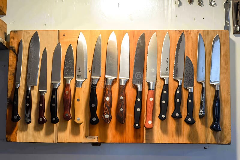 Collection of Sharp Kitchen Knives Hanging on Wooden Magnetic Strip ...
