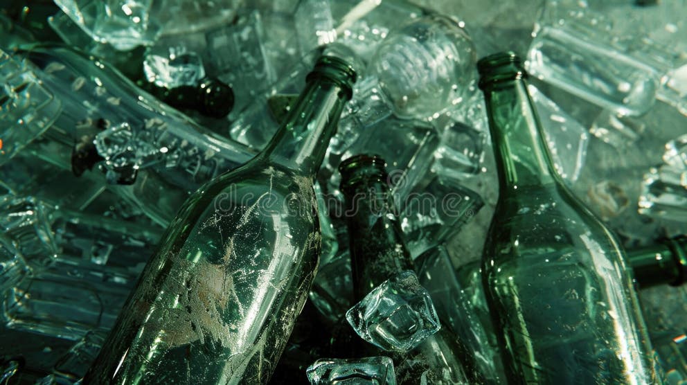 A Collection of Shattered Glass Bottles Arranged on a Table Stock Image ...