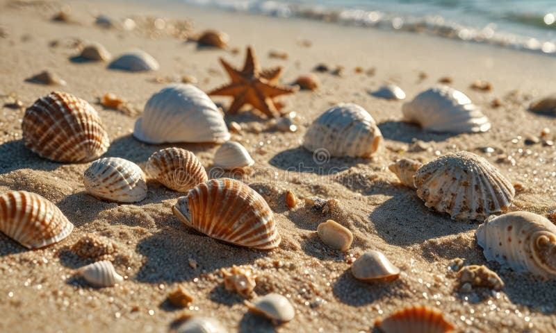A Collection of Shells are on the Beach, Including a Starfish. Stock ...