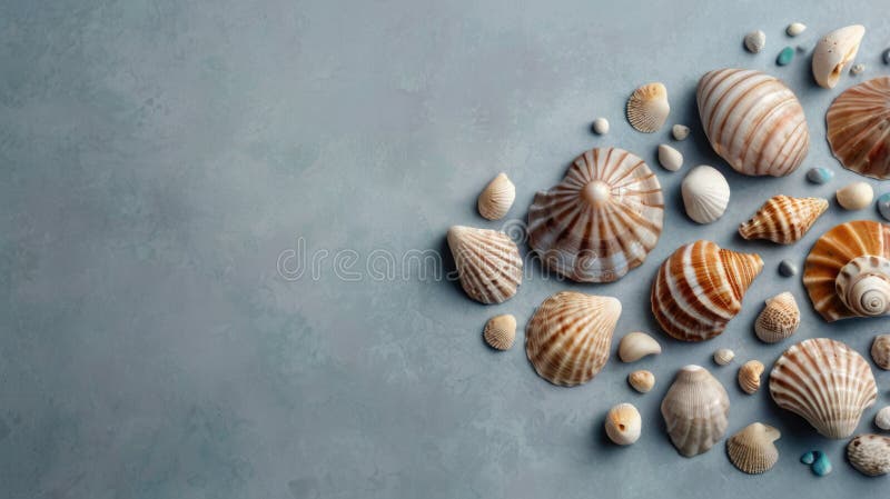 Collection of Shells of Different Shapes and Sizes Gray Background.Gray ...
