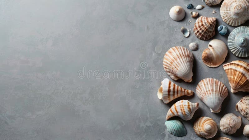 Collection of Shells of Different Shapes and Sizes Gray Background.Gray ...