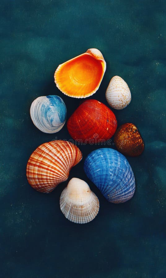 A Collection of Shells Displayed on a Table Against a Vibrant Blue ...