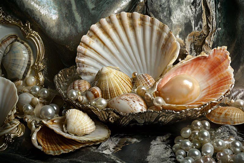 A Collection of Shells and Pearls are Displayed on a Table Stock ...