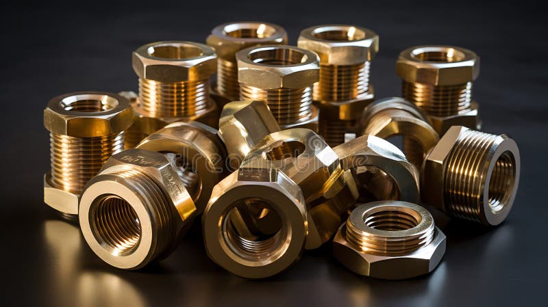 A Collection of Shiny Brass Hexagonal Nuts and Threaded Fittings are ...
