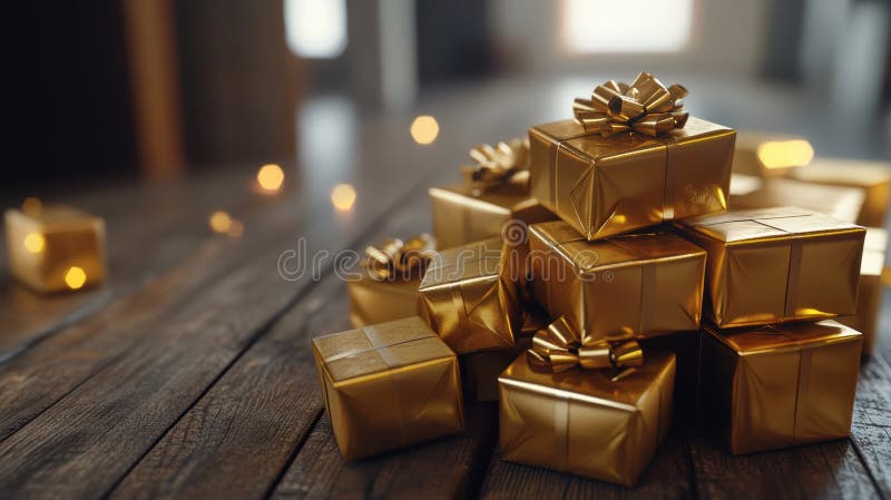 Collection of Shiny Gold Gift Boxes with Bows Stacked Elegantly Stock ...