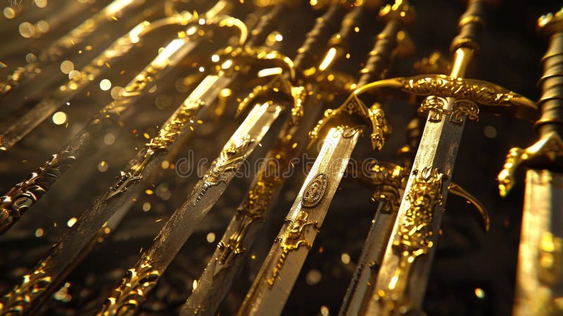 A Collection of Shiny Gold and Silver Swords Hang from the Ceiling ...