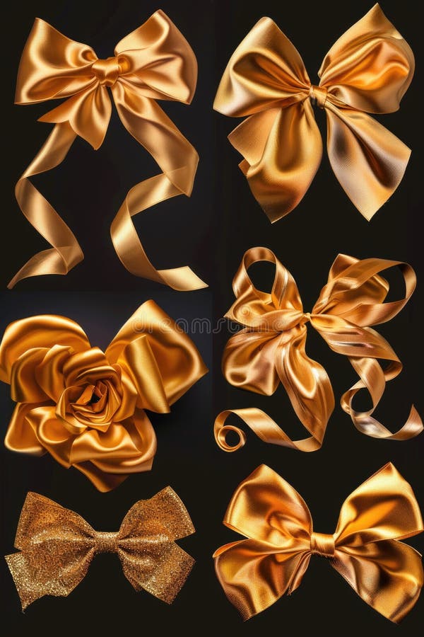 A Collection of Shiny Golden Bows Arranged Neatly on a Dark Black ...