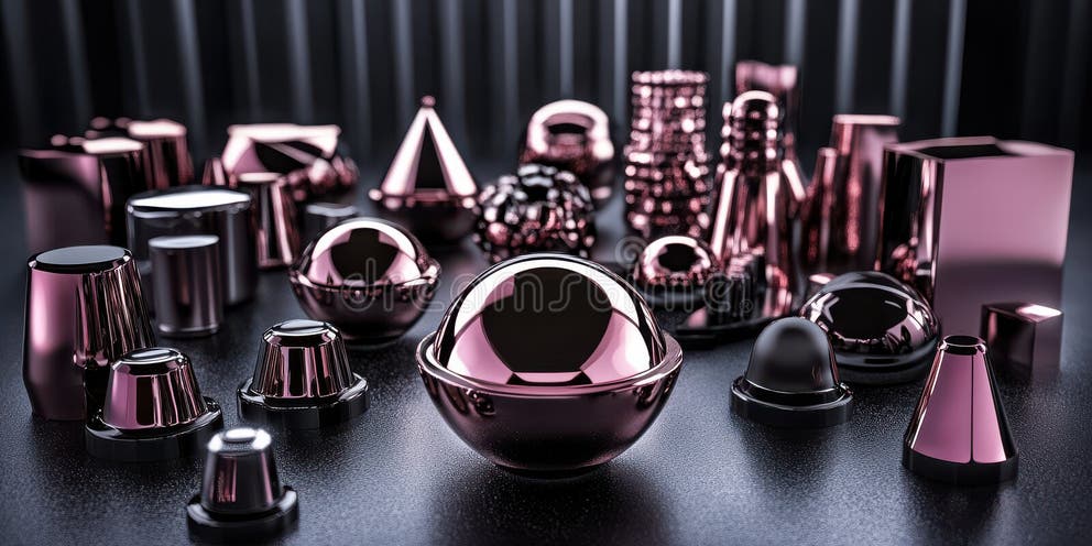 Collection of Shiny Metallic Objects in Various Geometric Shapes on a ...