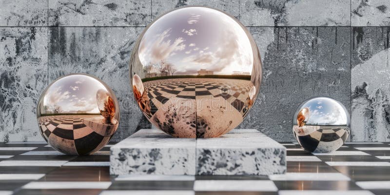 A Collection of Shiny Spheres Resting on a Checkered Surface Stock ...