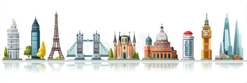 Icon Set of Famous Landmarks Featuring City Skylines and Architectural ...