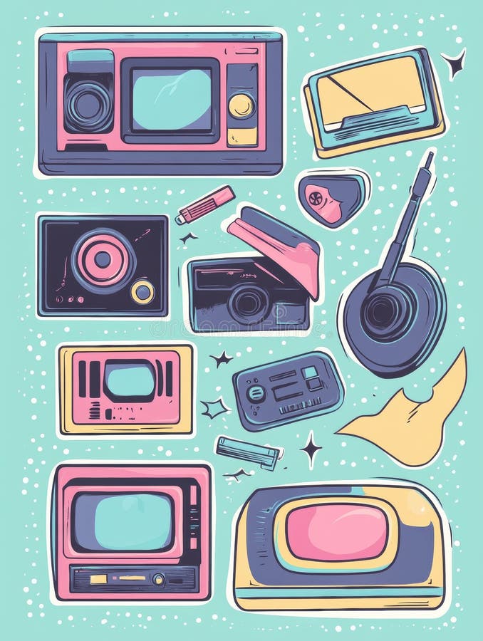 Retro 90s Style Sticker Collection Featuring Funky Shapes and Pastel ...