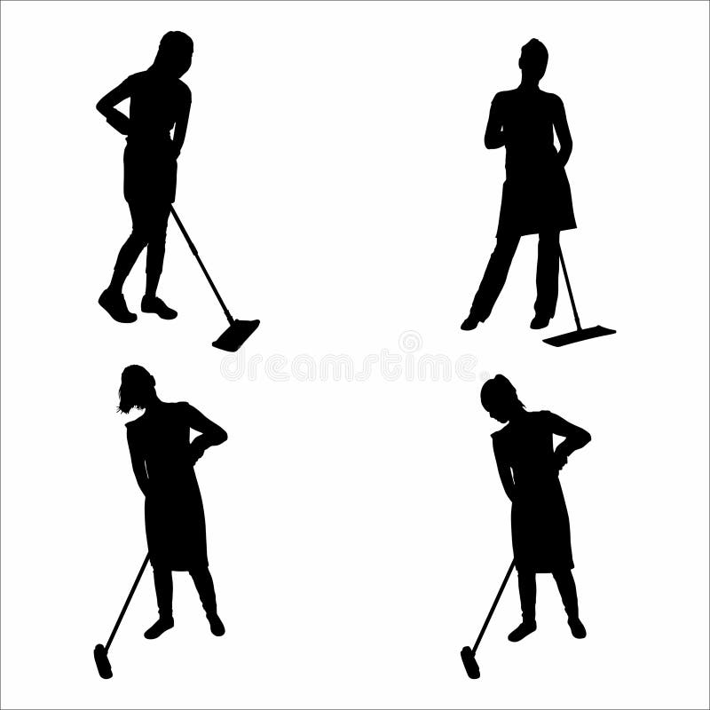 A Collection of Silhouettes of Women Sweeping, on a White Background ...